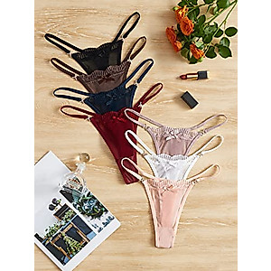 OYOANGLE Women's 7 Pieces Bow Low Rise Scallop Trim Thong Panties Contrast Lace Underwear Multicolor M