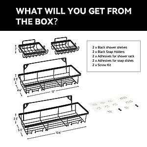 DENGFO Shower Caddy with Hooks, Shower Storage Organizer, Traceless Self Adhesive Shower Shelves, Wall-Mounted Black Shower Rack with 2 Soap Holders