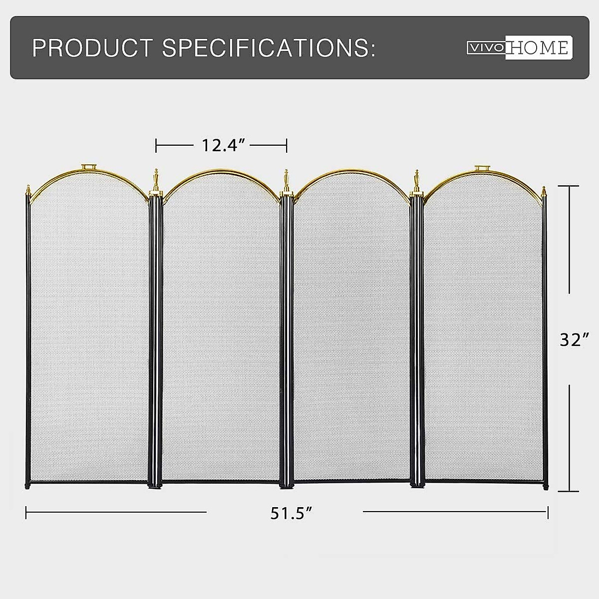 VIVOHOME 4 Panel 51.5 x 32 Inch Fireplace Screen Mesh Baby Safe Proof Fence Spark Guard Cover Ornate Wrought Iron Black Metal Fire Place Standing Gate