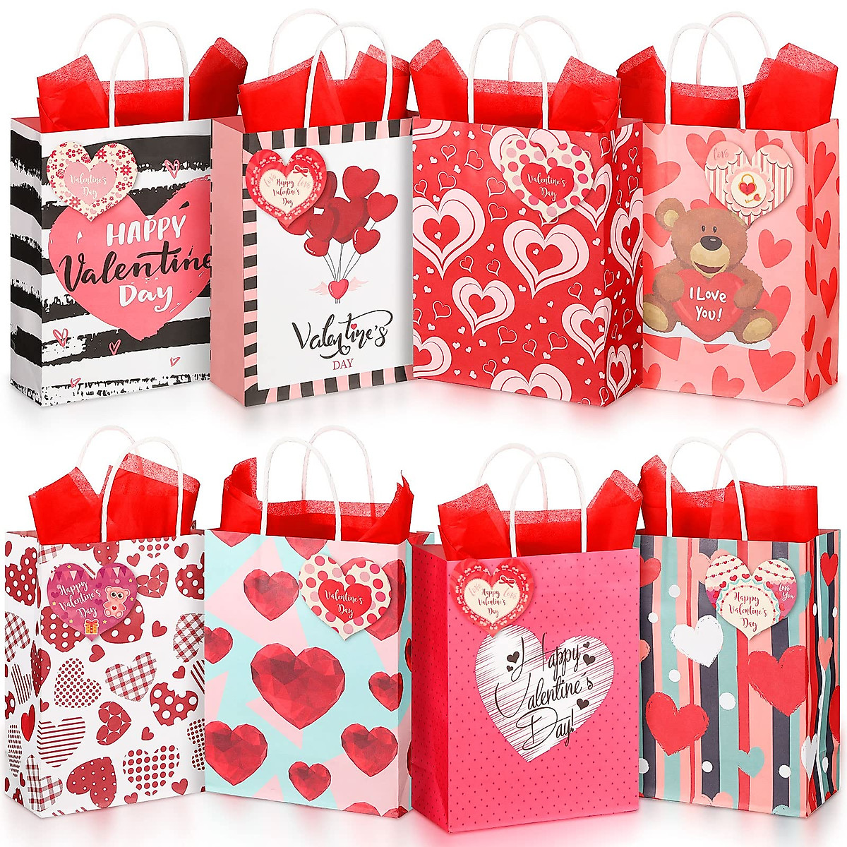 Crtiin 192 Pcs Valentine's Day Paper Gift Bags with Handle Set with Tissue Paper and Stickers Bulk Treats Gift Wrap Bags for Valentines Wedding Party Favor Gift Wrapping Supply, 8.7 x 6.7 x 3.1 Inch