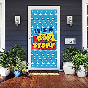 ZDX It's a Boy Story Door Banner 72.8x35.4in Blue Sky White Clouds Kids Baby Shower Decor Background Banner