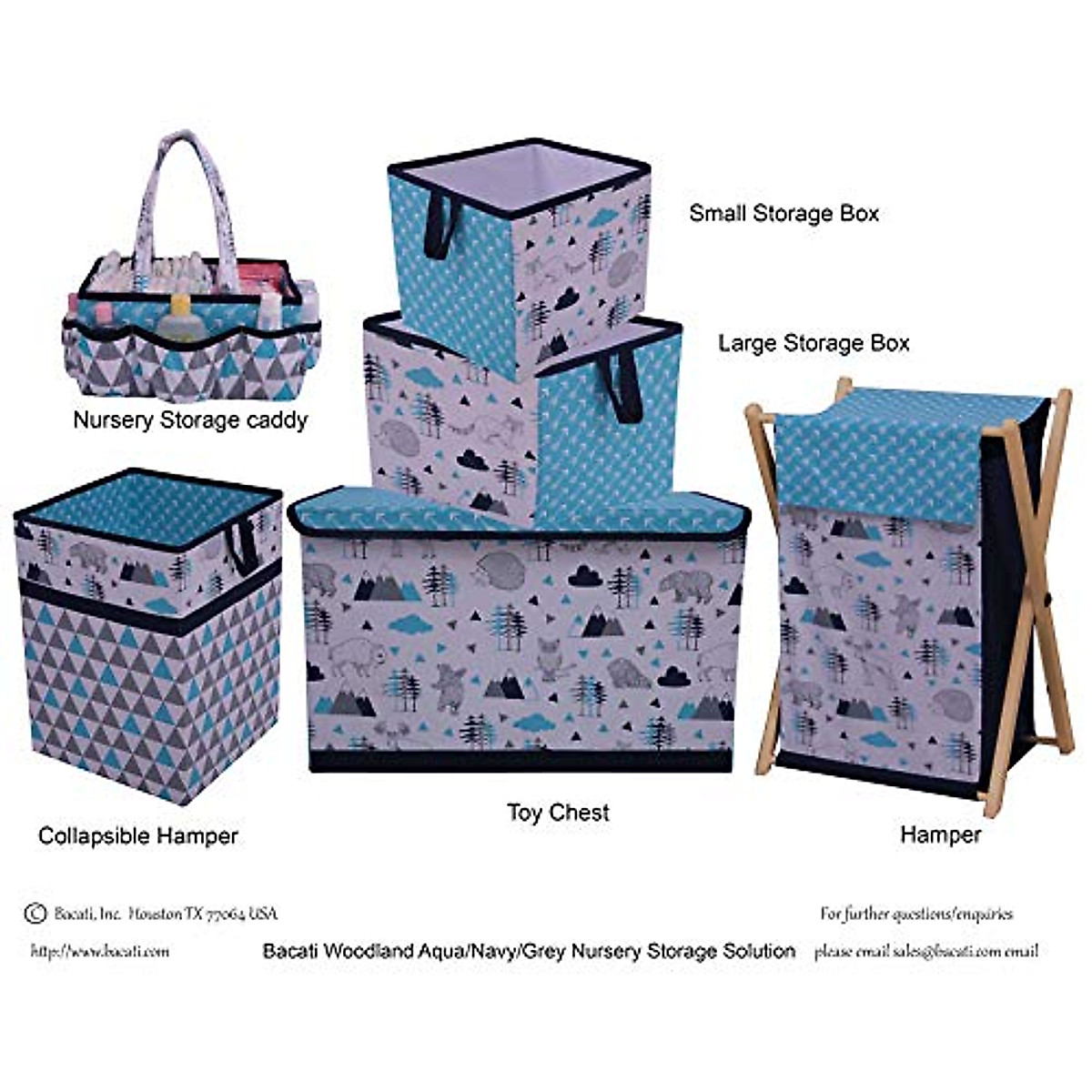 Bacati Woodlands Boys Cotton Collapsable Hamper, Aqua/Navy/Grey