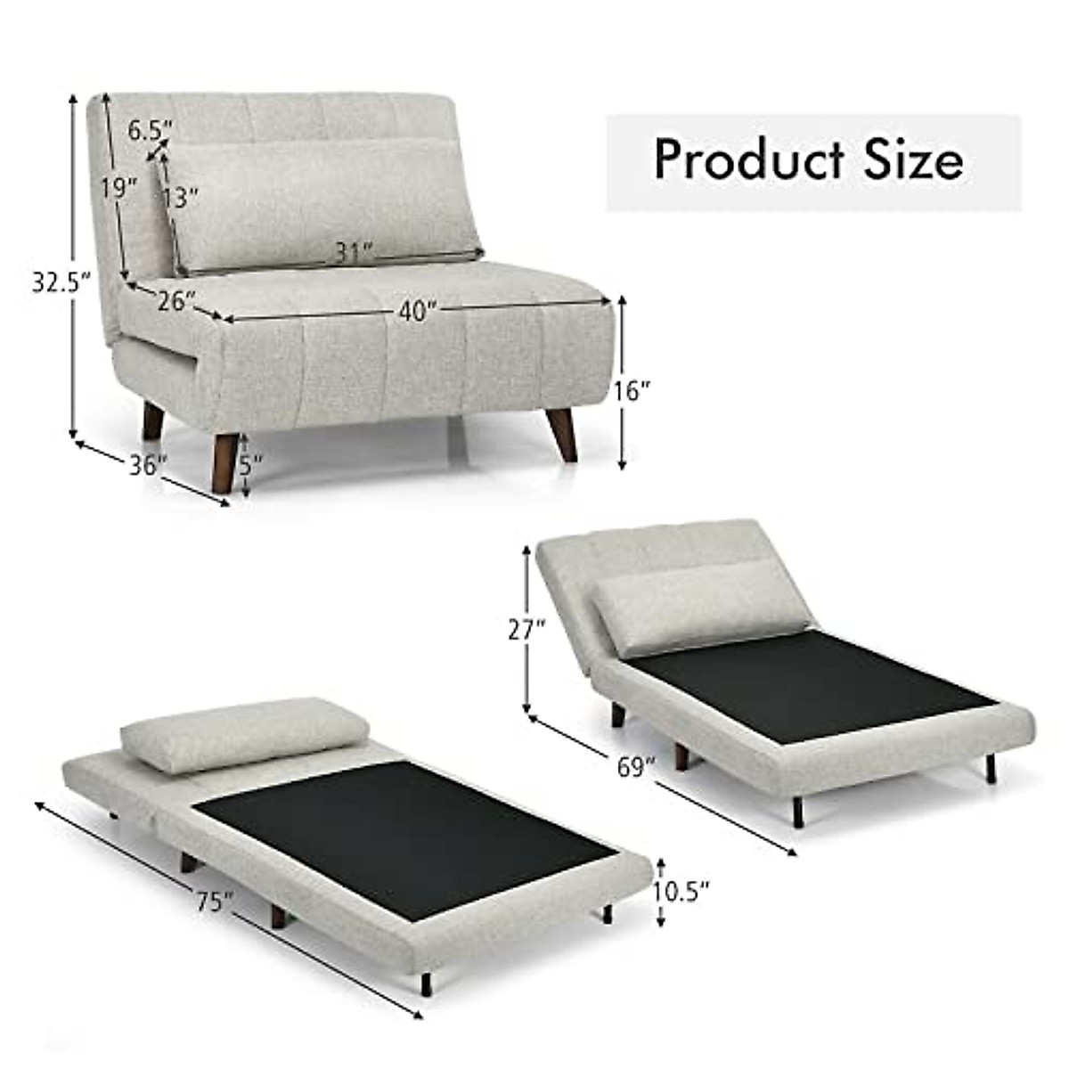 DNATS Convertible Sofa Bed 3 Position Folding Sleeper Chair w/Pillow Beige/Gray/Blue (Color : A)