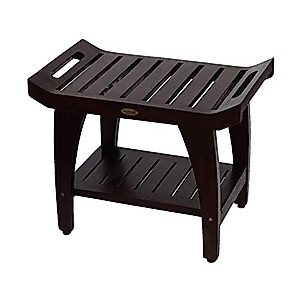 DecoTeak Tranquility Shower Bench Teak Wood Shower Stool with Storage Shelf 24" Wide Eastern Style 300 Pound Weight Capacity Shower Bench in Woodland Brown Finish