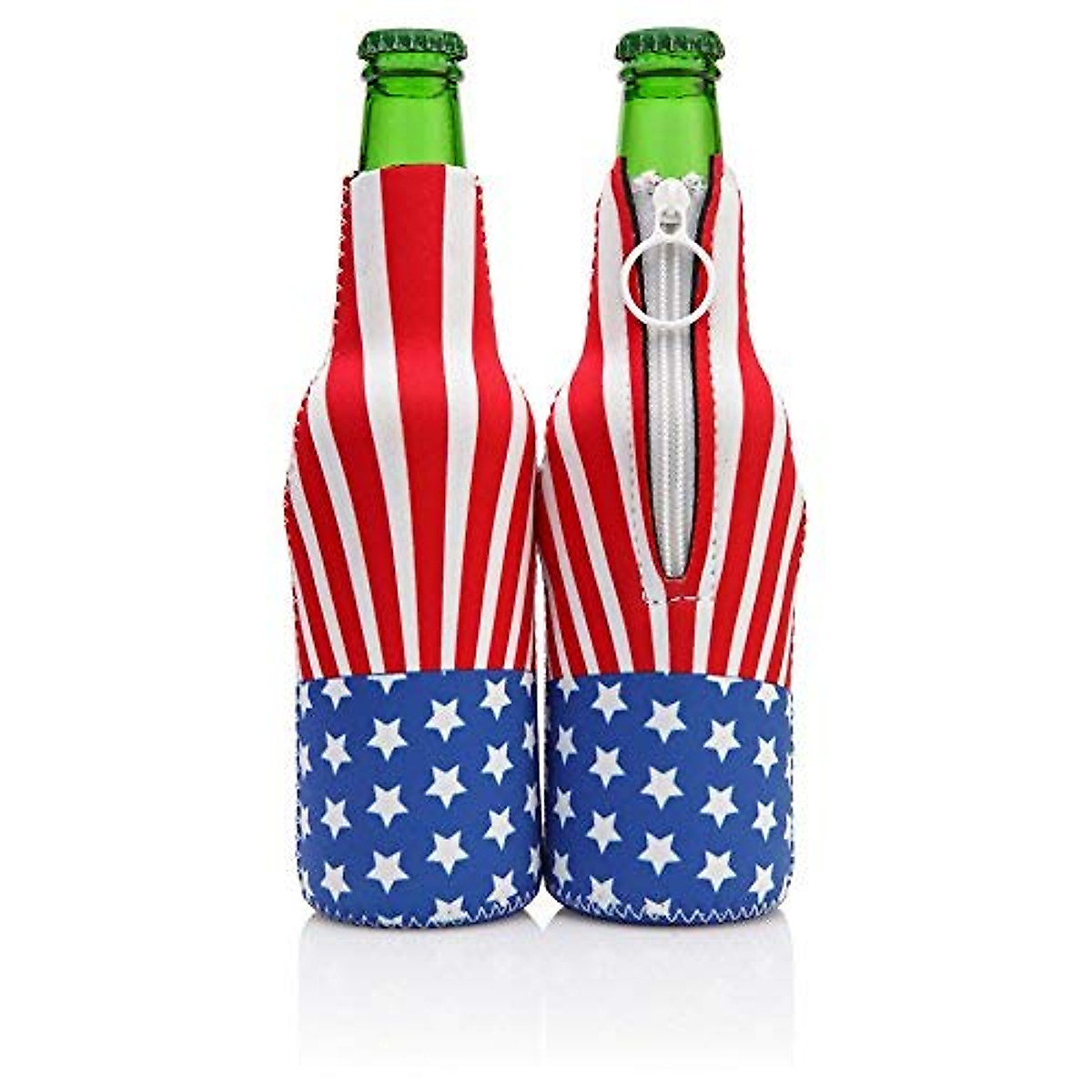 Beer Bottle sleeves - Set of 6 Zipper American Flag Theme Coolies - Extra Thick Neoprene - Fully stitched, Non-Glued Base - Bonus Bottle Opener - Trendy & Awesome Gift or Hosting Item #6USF