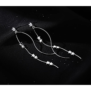 SLUYNZ Sterling Silver Star Dangle Earrings for Women Teens Girls Long Dangle Earrings Chain Curve Tassel (A-Silver)