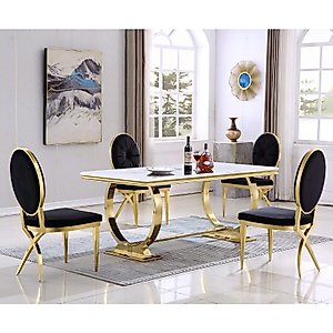ACEDÉCOR 7 Pieces Dining Set for 6, Modern Dining Room Table with Gold U-Base White Dining Table, Black Velvet Upholstered Dining Chairs (White Dining Table+6 Black Dining Chairs)