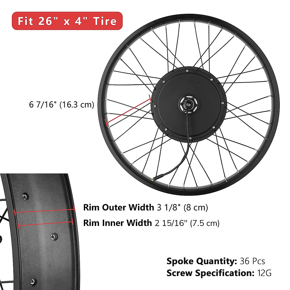 AW Electric Bike Conversion Kit 48V 1000W 26" Front Wheel E-Bike Conversion Kit for Fat Tire Bike Frame Ebike Wheel Kit Cycling Brushless Gearless Hub Motor Kit