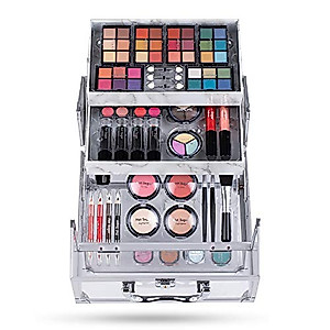 Hot Sugar Mixed Beauty Makeup Kit Cosmetic Set All in One Train Case Matte Shimmer Eyeshadow Palette Blushes Lipstick Stylish Jewelry Box Birthday Gifts for Teenager Girls Women (Clear)
