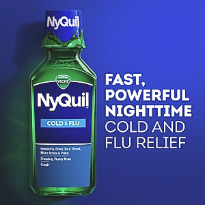 Vicks NyQuil, Nighttime Cold & Flu Symptom Relief, Relives Aches, Fever, Sore Throat, Sneezing, Runny Nose, Cough, 12 Fl Oz, Original Flavor