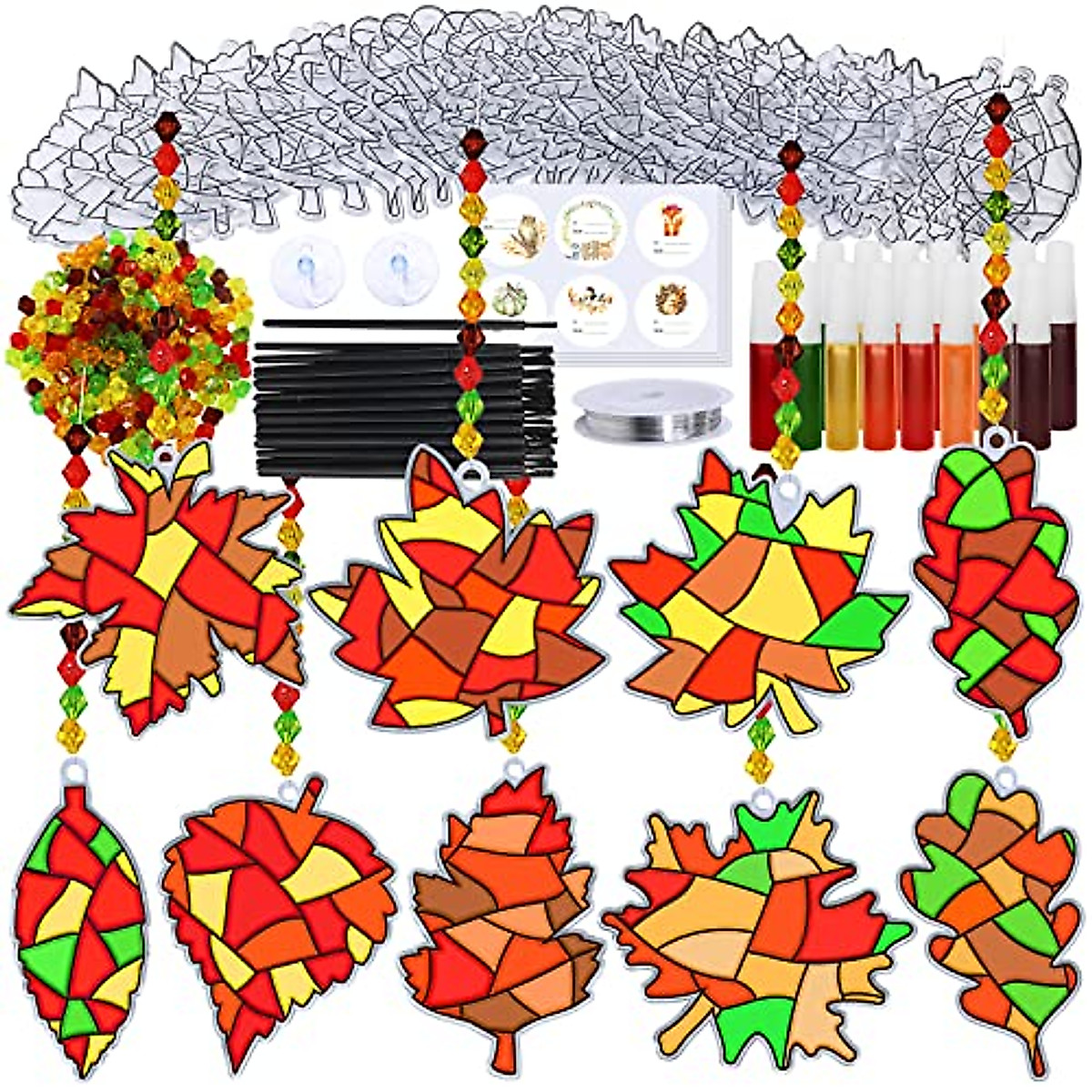 Winlyn 27 Sets Fall Leaf Suncatchers Ornaments Decorations DIY Window Paint Art Suncatchers Craft Kits Autumn Maple Leaf Sun Catchers for Kids Classroom Thanksgiving Harvest Party Activity Art Project