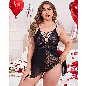 Avidlove Plus Size Lace Sleepwear Sexy Lingerie Lace Babydoll Set Nightwear Dress (Black, 3XL)