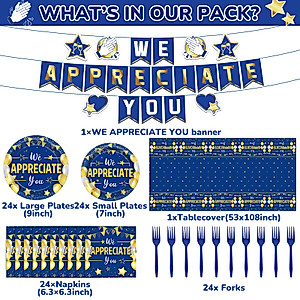 97 Pcs We Appreciate You Decorations for Thank You Party Plates and Napkins Set Blue Gold We Appreciate You Banner Tablecloth for Teacher Nurser Doctor Pastor Employee Thanksgiving Supplies