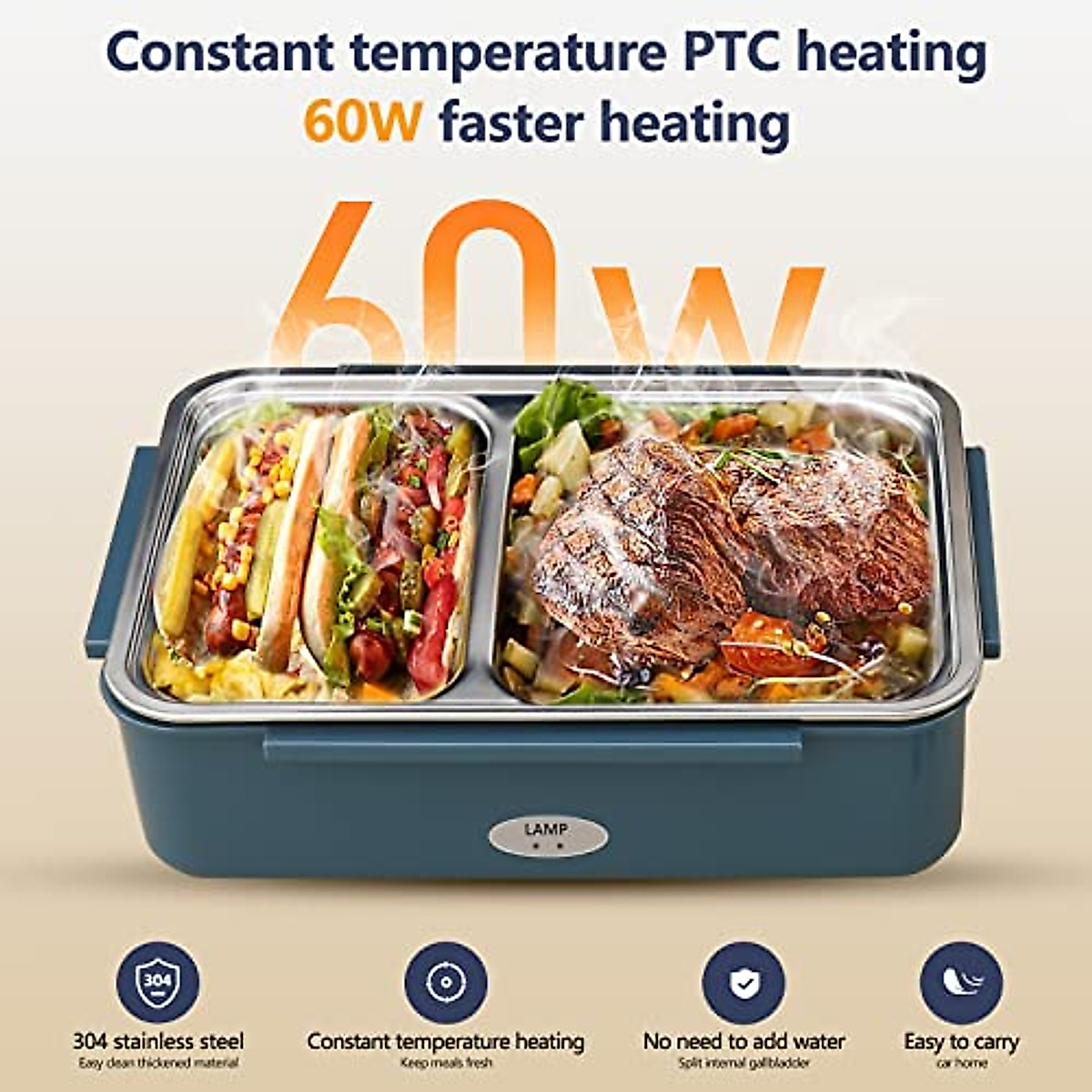 MDHAND Heated Lunch Boxes For Adults, Electric Lunch Box Food Heater, 3 In 1 Food Warmer Lunch Box 110V/12V/24V for Car and Track, 304 Stainless Steel Lunch Box Container, 60W Faster Heating Lunch Box