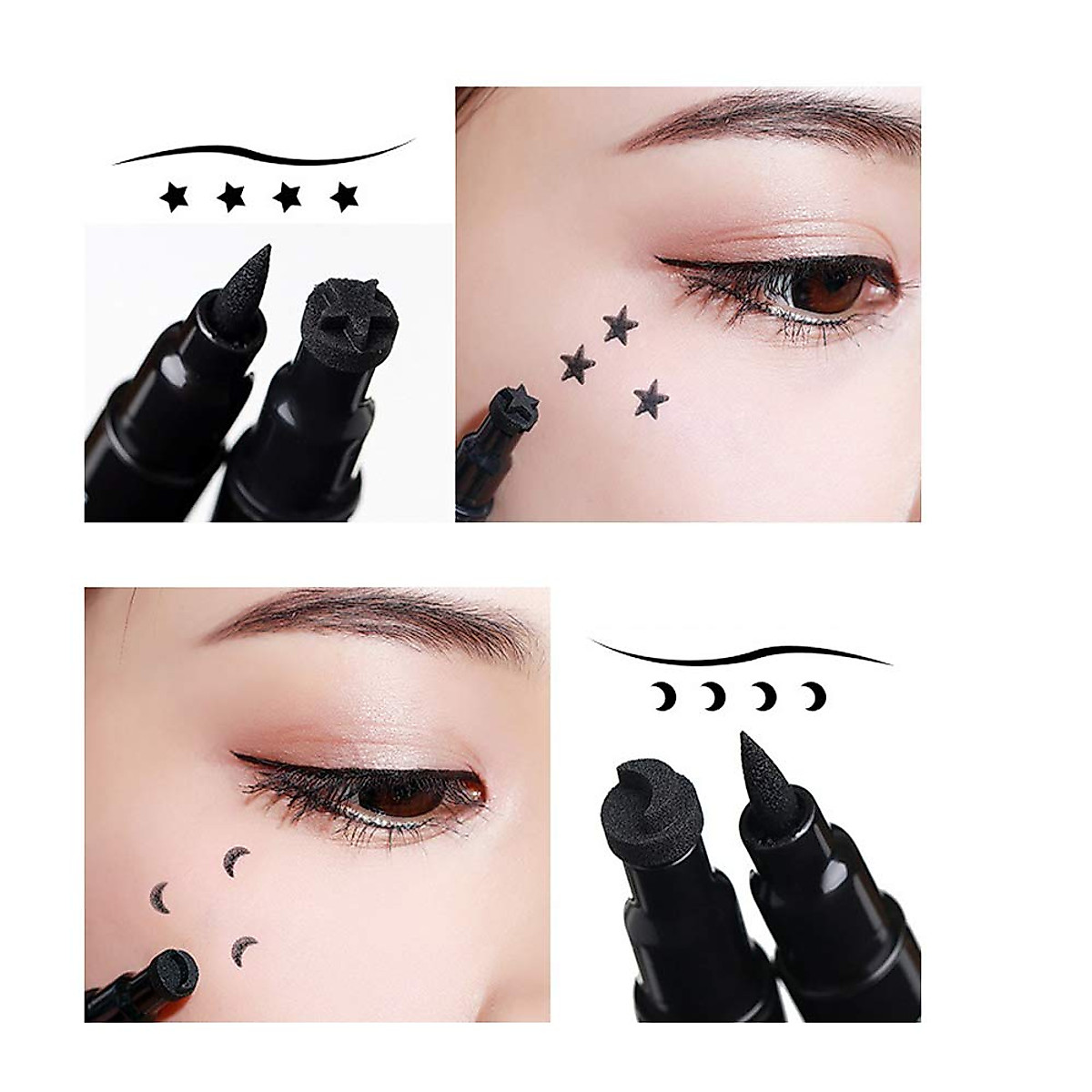 Pinkiou 2 in 1 Double-headed Liquid Eyeliner Pen Stamp Super Slim Gel Felt Tip High Pigment Black Waterproof Smudgeproof Long Lasting Tattoo Makeup Tool(Star)