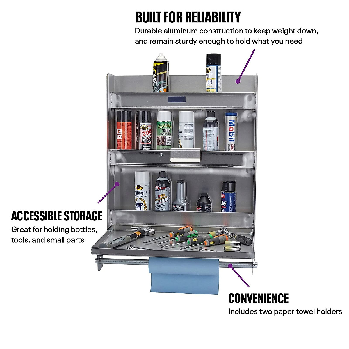 Speedway Motors Standard Aluminum Trailer Storage Cabinet, Features Fold-Down Work Table, Two Paper Towel Holders and Storage, For Enclosed Race Trailer or Garage Storage