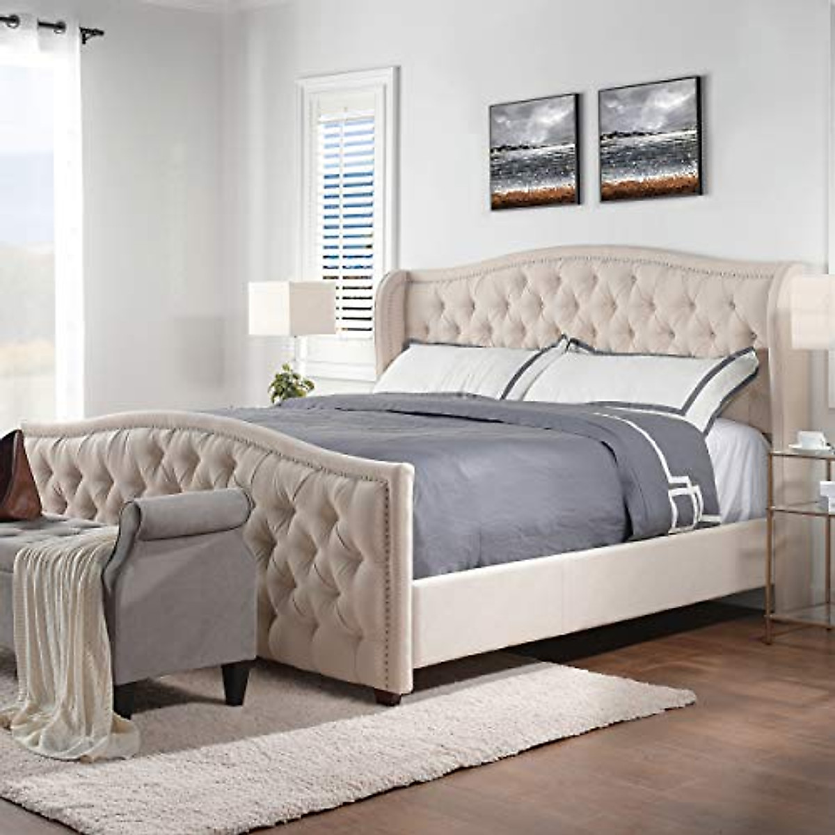 Jennifer Taylor Home Anastasia Upholstered Shelter Headboard Bed Set, King, Sky Neutral Beige Polyester