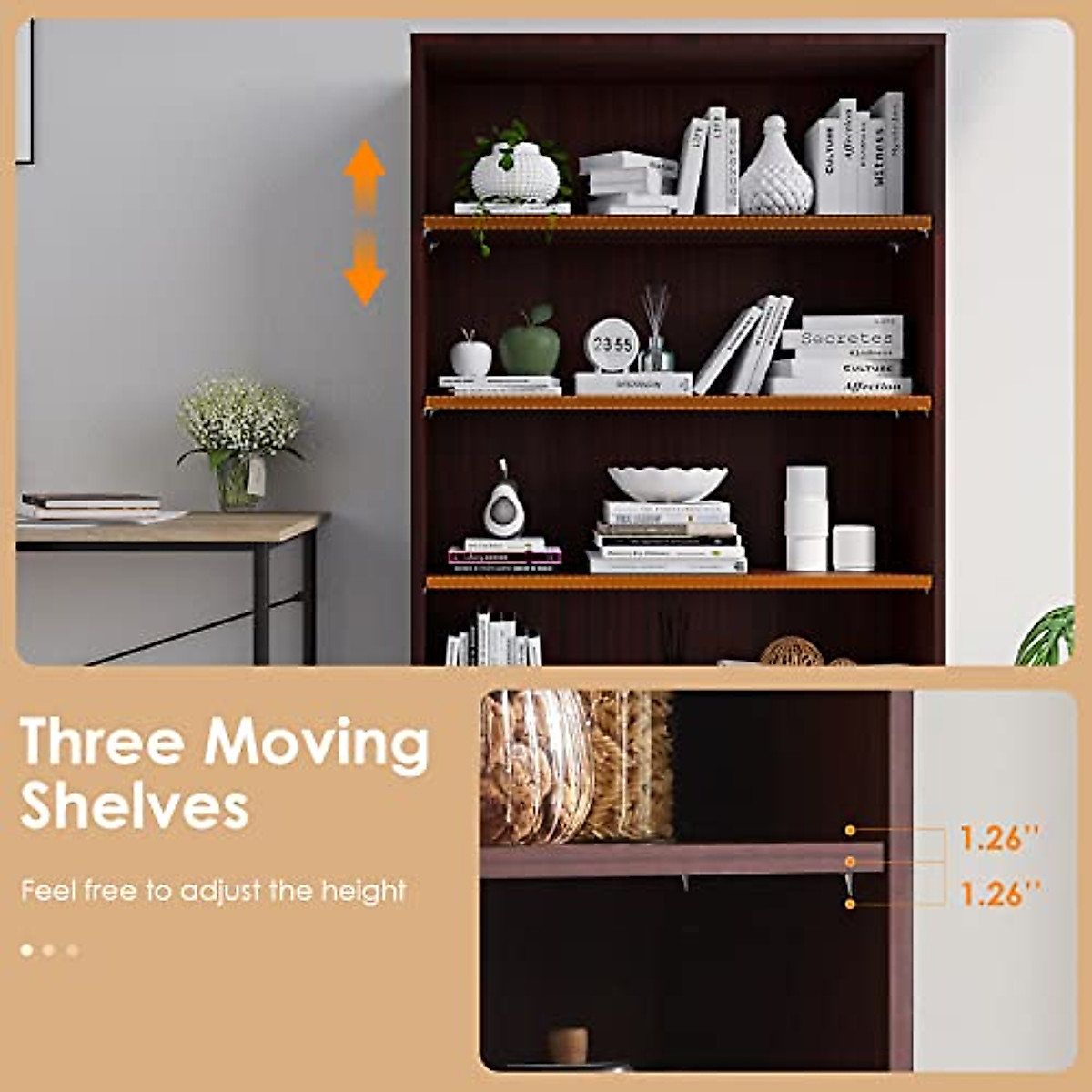 STARY 5 Shelf Bookcase Mahogany Tall Bookshelf for Bedroom 5 Tier Modern Wood Bookshelf 33" Wide 60" Tall