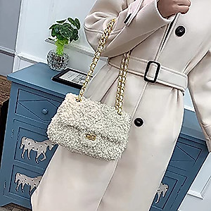 Women Plush Shoulder Bag Fashion Fluffy Crossbody Purse Soft Warm Shopping Dating Bag with Adjustable Chain Strap Indie Cute Tote Bags (White)