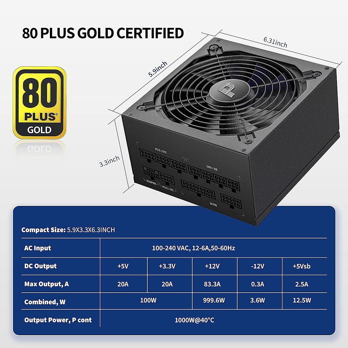 Pystar 1000W Power Supply 80+ Gold Full Modular PSU, ATX 3.0 & PCIE 5.0, ES1000