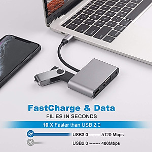 USB C Hub Type C 5 in 1 Hub to 4K HDMI, VGA, 1USB3.0Ports, with PD Charge