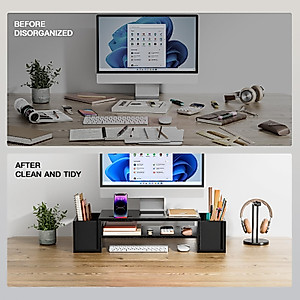 AMERIERGO Monitor Stand Desk Organization with DIY Storage Space, Monitor Riser Stand with Storage with 2 Slots & Phone Holder, Computer Stand 2 Tier for Home Office Use