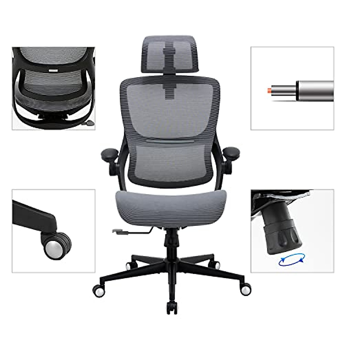 X XISHE Office Chair, Ergonomic Mesh Office Chair, High Back Desk Chair - Adjustable Headrest with Flip-Up Arms, Tilt Function, Lumbar Support, and PU Wheels, Swivel Computer Task Chair