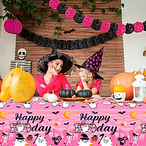 LARRAZABAL 3Pcs Happy Boo Day Tablecloth, Pink Halloween Plastic Tablecloth Disposable Ghost Theme Table Cover for Halloween Birthday Party Supplies, 54 x 108 Inch