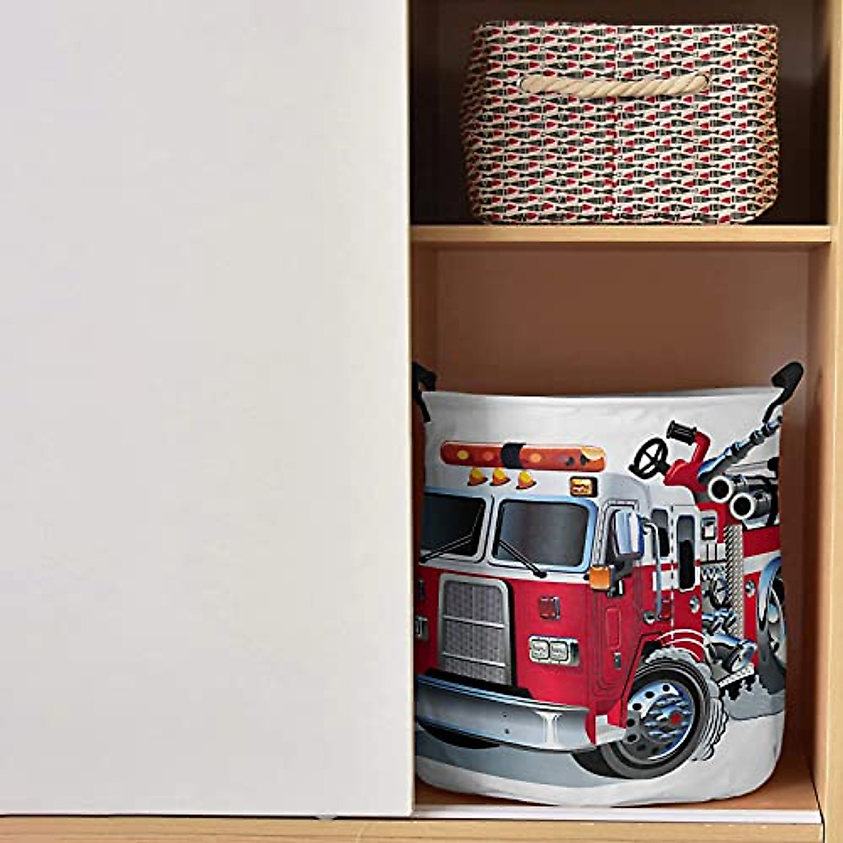 Laundry Basket Cartoon Fire Truck Red Grey Car,Waterproof Collapsible Clothes Hamper Patriotic Firefighter Trucks on White,Large Storage Bag for Bedroom Bathroom 42L