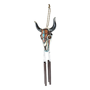Ebros Gift Pack of 2 Rustic Western Faux Tooled Leather Ornate Bison Cow Skull with Turquoise and Ember Gems Decorative Wind Chimes Garden Patio Mobile Figurines Country Tribal Southwestern Accent
