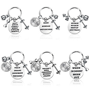 Yinkin 6 Pieces Fitness Gym Charm Keychains Stainless Steel Fitness Gifts with Quotes Dumbbell Personal Trainer Gifts Workout Gifts for Women Gym Keychain for Fitness Enthusiast