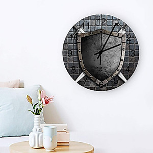 12 Inch Silent Round Wooden Wall Clock Medieval Knight Shield Wall Clock, Non Ticking Battery Operated Quartz Home Decor Wall Clocks for Living Room/Kitchen/Office
