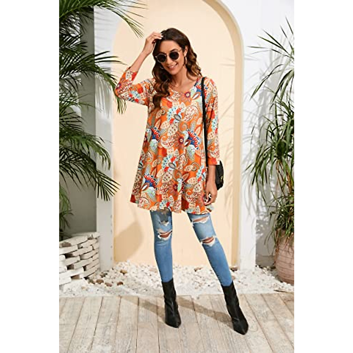 ENMAIN Women's Tunics Tops Plus Size Loose Fit 3/4 Sleeve Top Dressy Casual Swing Paisley Floral Orange Crewneck Hide Belly Tunic Tops to wear with Leggings