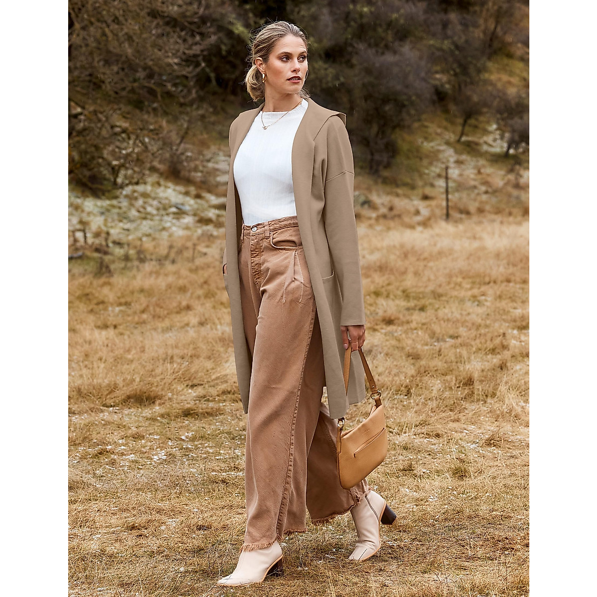 MEROKEETY Long Hooded Cardigan Sweaters for Women Oversized Open Front Coatigan Lady Jacket Coat Pockets, Khaki, Medium