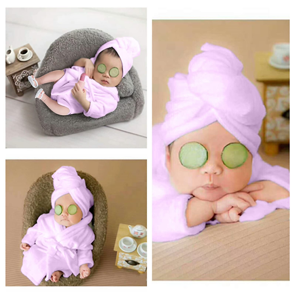 SPOKKI Newborn Photography Props Baby Girl 5 PCS Bathrobes Bath Towel Outfit with Slippers Cucumber Photo Props for Infant Boys Girls(0-6 Months)