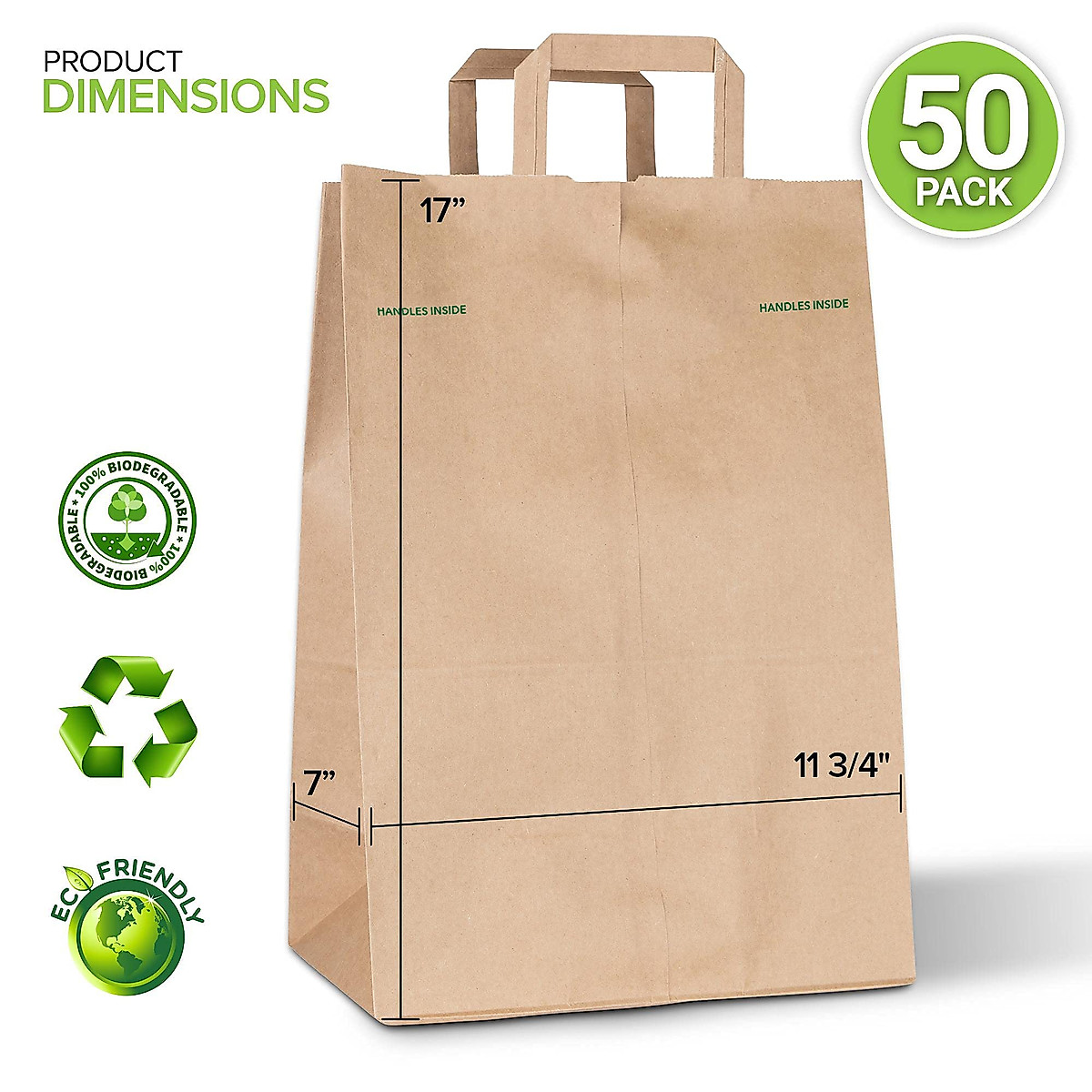 Stock Your Home 70 Lb Kraft Brown Paper Bags with Handles (50 Count) - Kraft Brown Paper Grocery Bags Bulk - Large Paper Bags with Handles for Grocery Shopping - Handles Provide Grip for Trash Bag Use