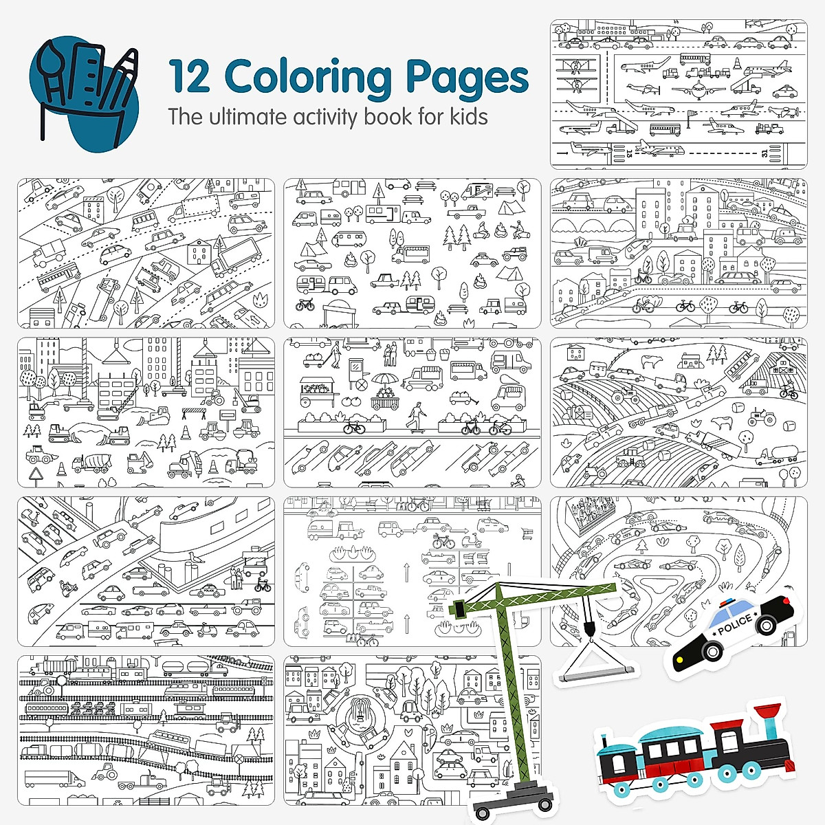 Sticker Book for Kids 2-4, 500+ Kids Stickers, Cars, Trucks, Planes & Trains 12 Coloring Pages 12 Side by Side Scenes, Fun Toddler Travel Activity Coloring and Sticker Books for Ages 4-8 + 8-10