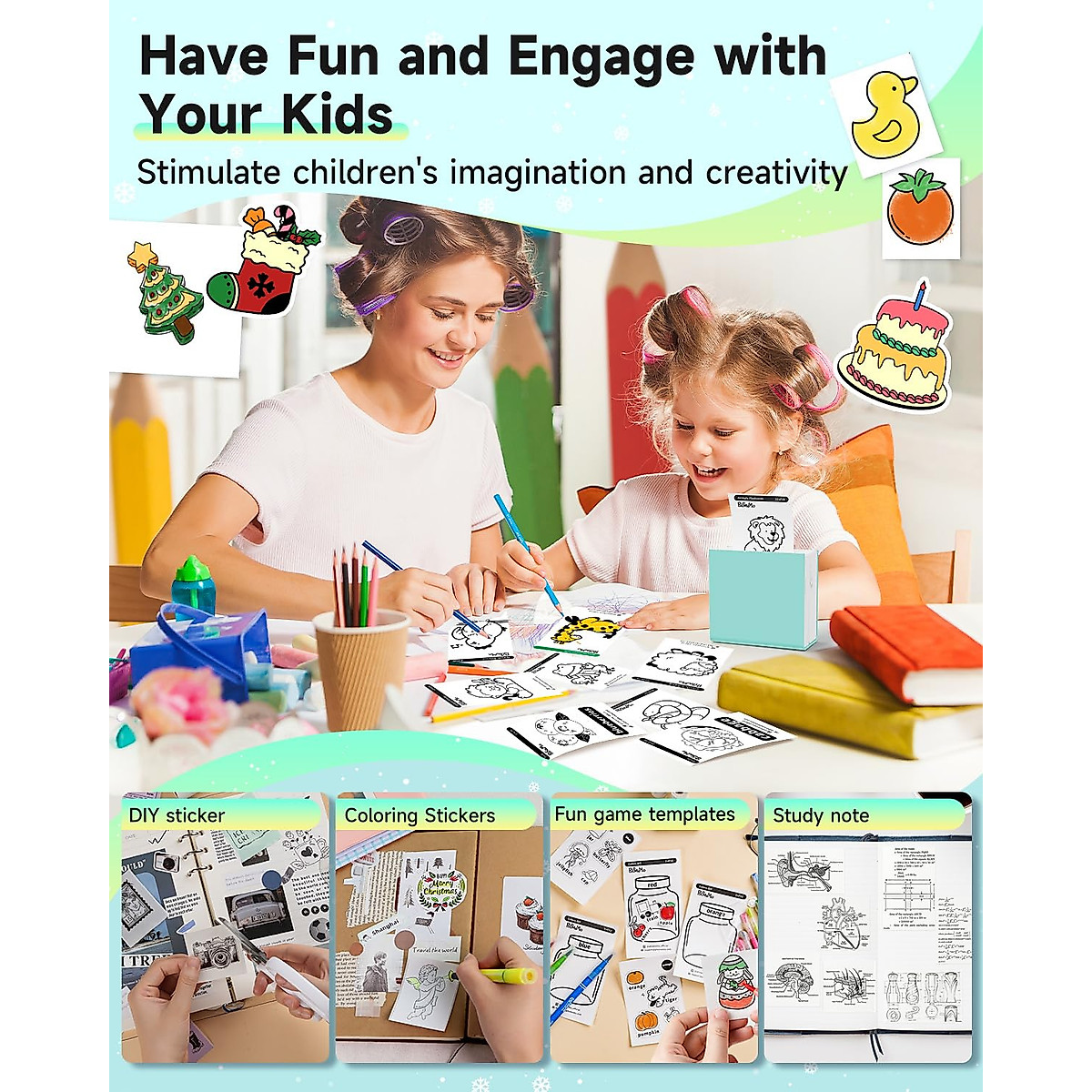 Memoking Print Pods Mini Printer - Inkless Sticker Printer Machine M02 Print Pod Bluetooth Portable Mini Printer for iPhone Thermal Pocket Printer Sticky Note Printer for Note, Photo, DIY, Scrapbook