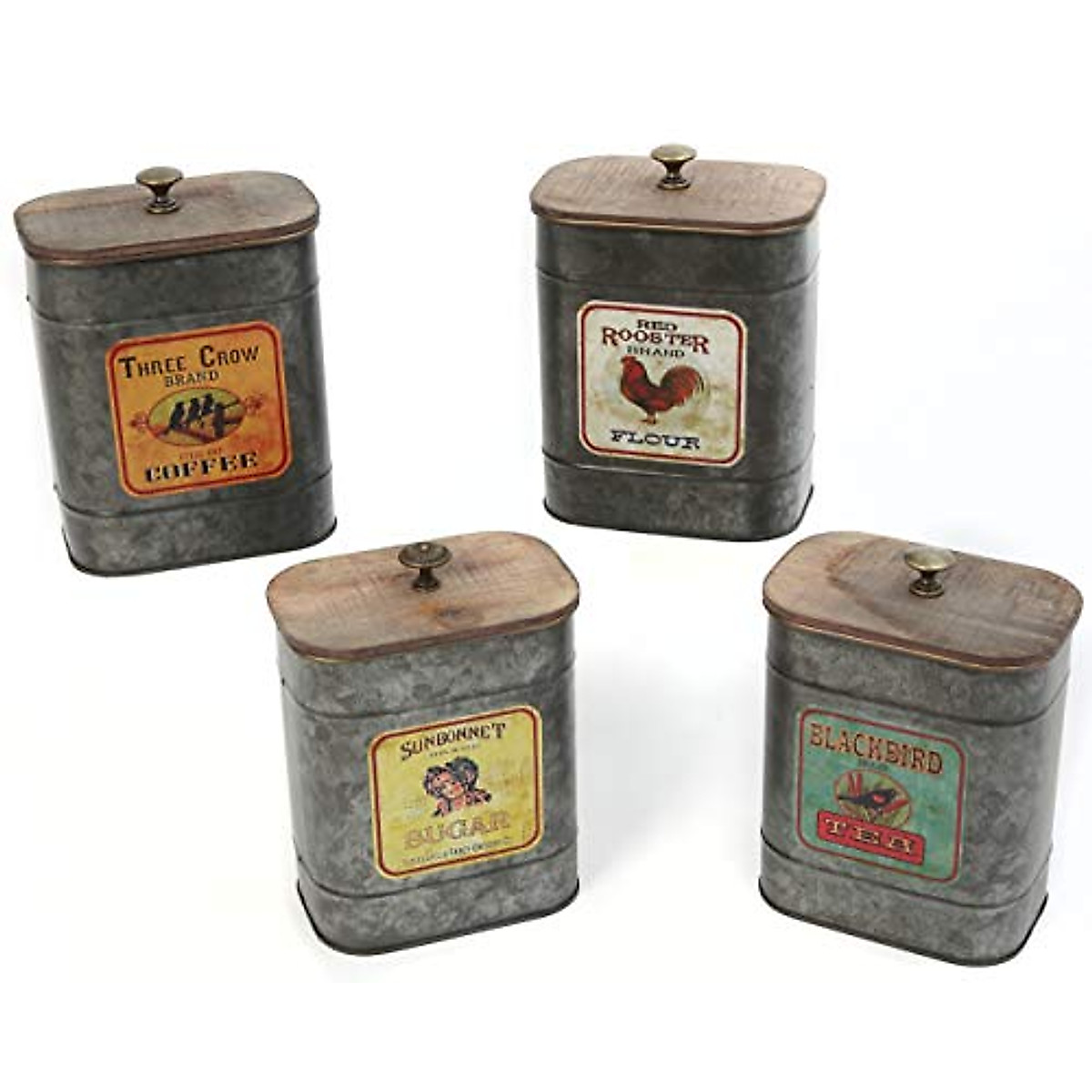 Set of 4 Large Vintage Antique Style Galvanized Metal Kitchen Canisters with Wood Lids Sugar Tea Coffee and Flour