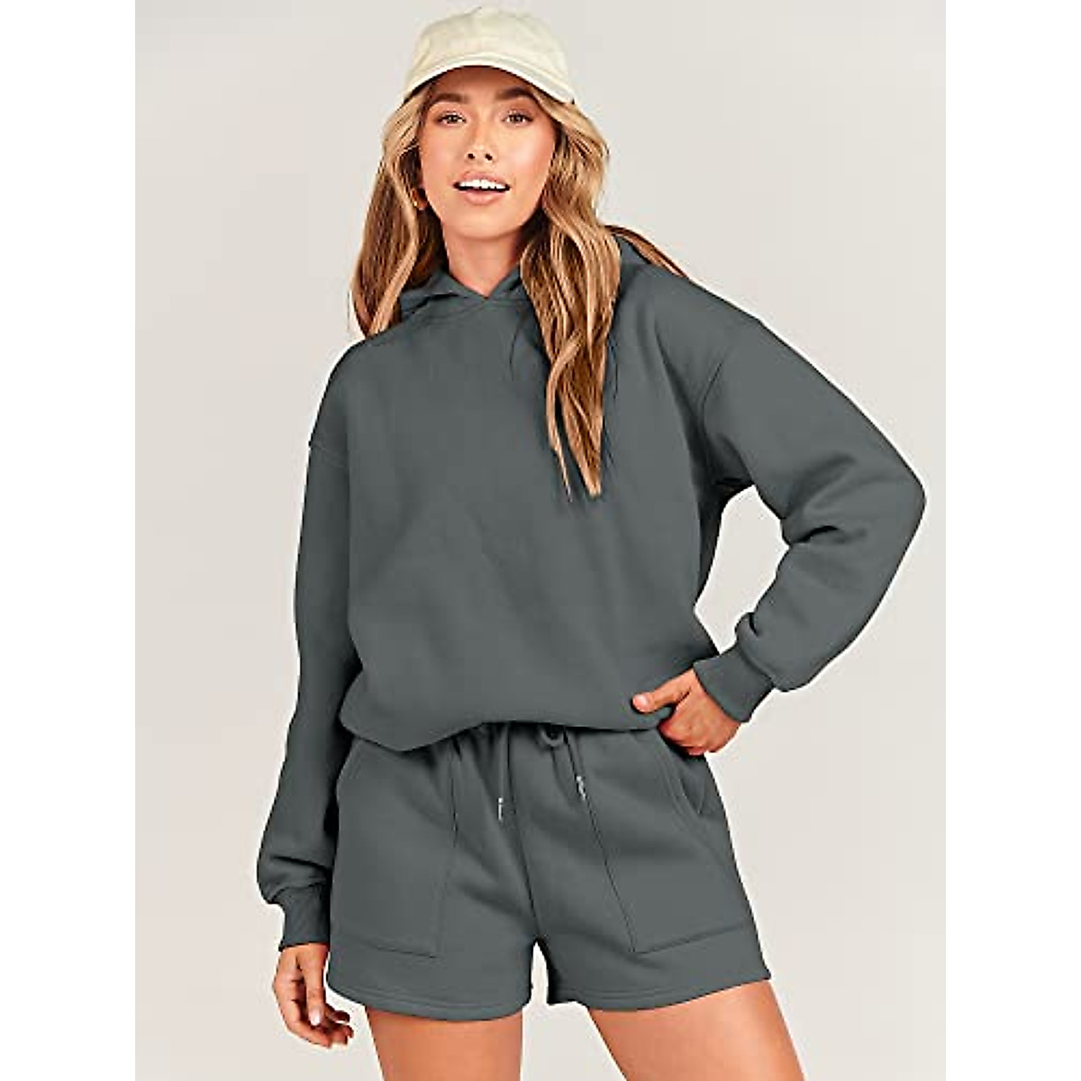 ANRABESS Women 2 Piece Outfit Oversized Hoodie Sweatshirt Shorts Lounge Sweat Set Sweatsuit Tracksuit 2025 Trendy Y2K Clothes Dark Grey Medium
