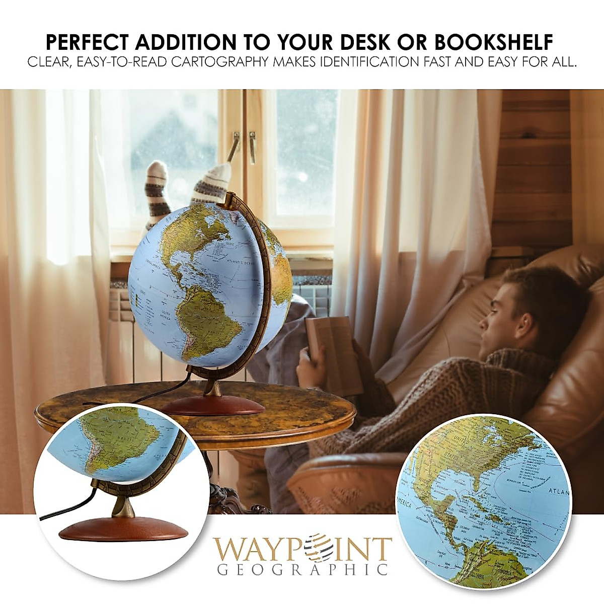 Waypoint Geographic Illuminated Desk Globe with Stand and Raised Relief Features - 1,000's of Up-to-Date Named Places & Points of Interest - Wood Stand (Blue)