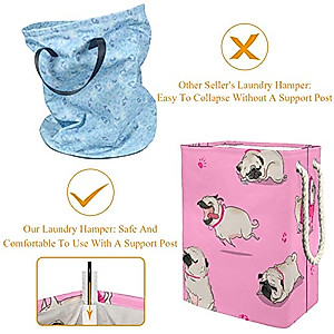 Inhomer Laundry Hamper Playing Pug Dog Funny Pink Collapsible Laundry Baskets Firm Washing Bin Clothes Storage Organization for Bathroom Bedroom Dorm