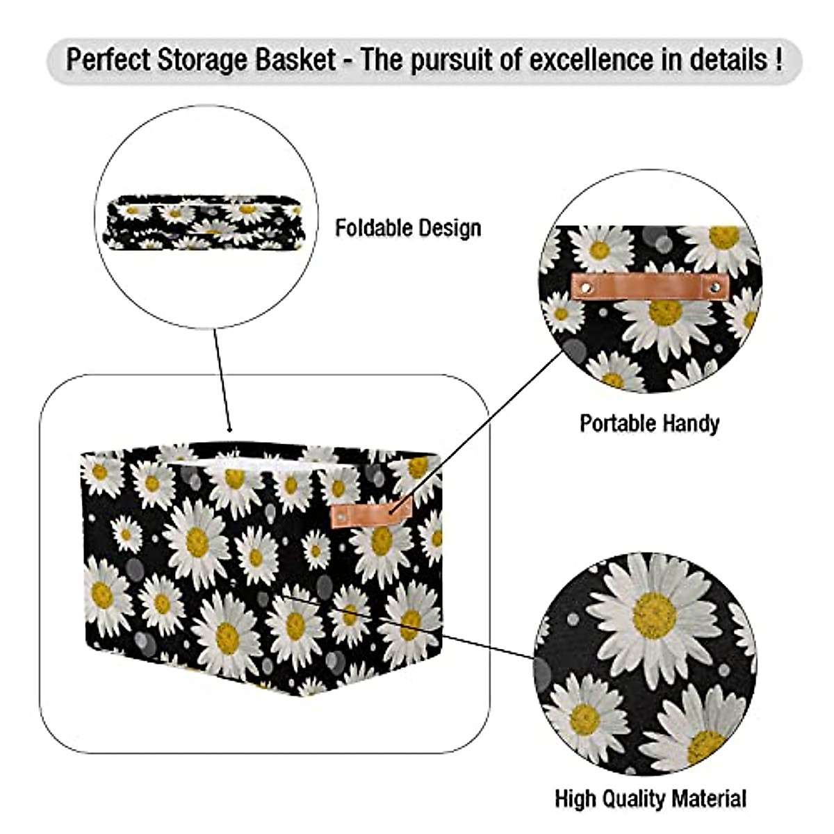 Daisy Storage Basket Bins Flower Floral Toys Books Clothes Canvas Storage Box Cubes Rectangular Collapsible with Handles for Bedroom Nursery Home Office Decor Organizer Basket