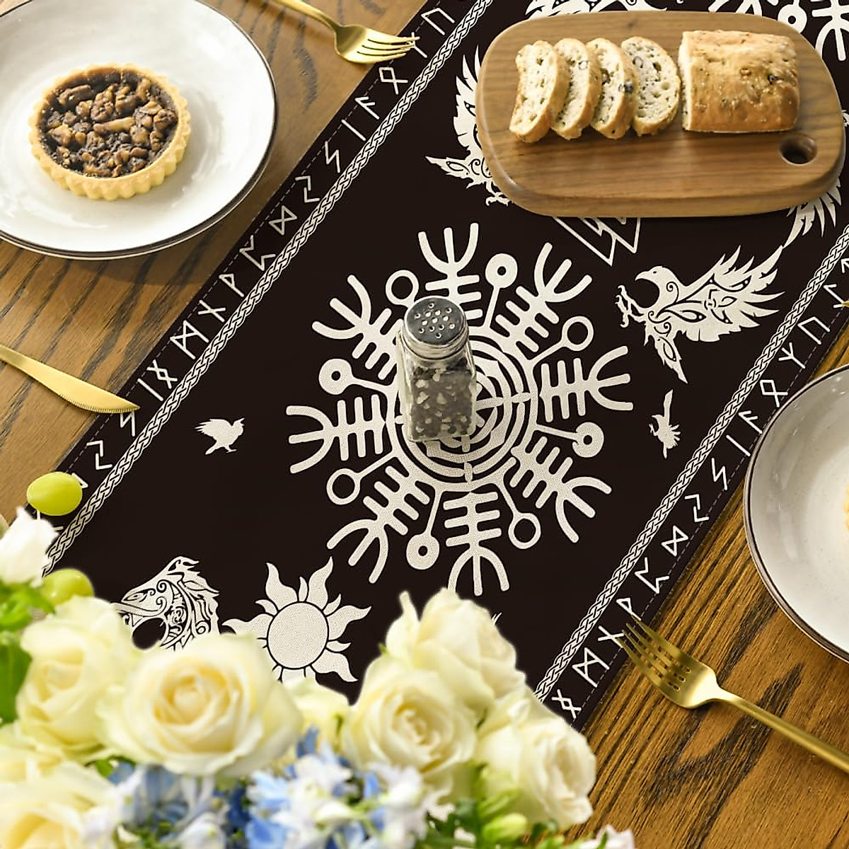 Artoid Mode Black Viking Tree of Life Raven Helmet of Awe Table Runner, Seasonal Kitchen Dining Table Decoration for Home Party Decor 13x72 Inch