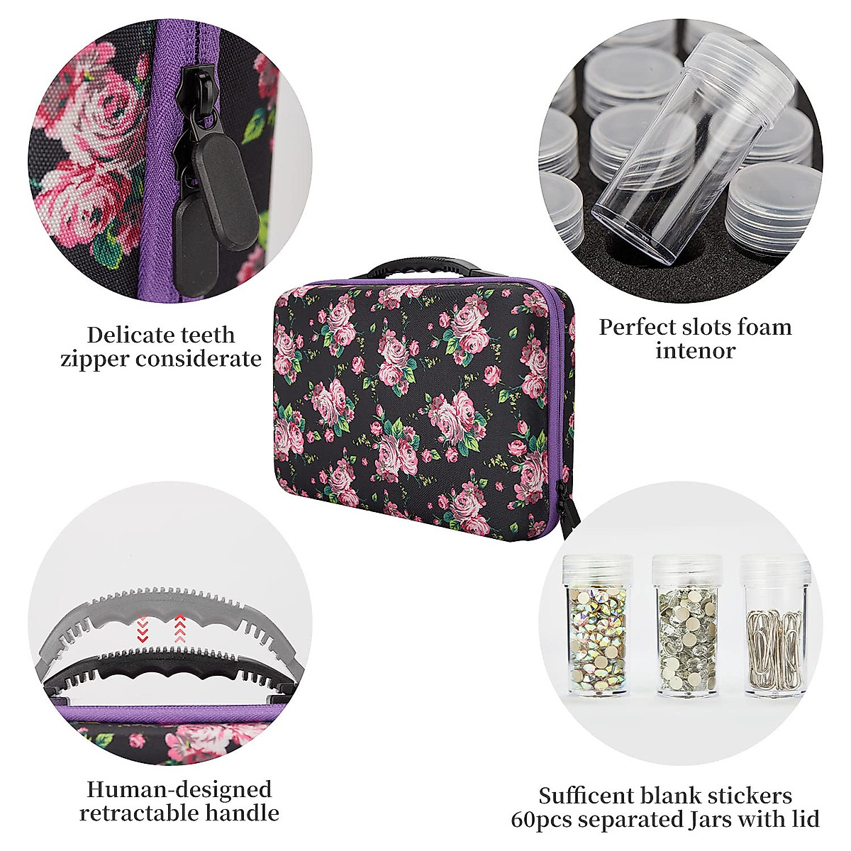 VoiceFly EVA 60 Slots Diamond Painting Accessories Diamond Painting Storage Case Embroidery, 5D Diamond Painting Tools DIY Kits, Beads Sewing Pills Shockproof Container, Black Flower