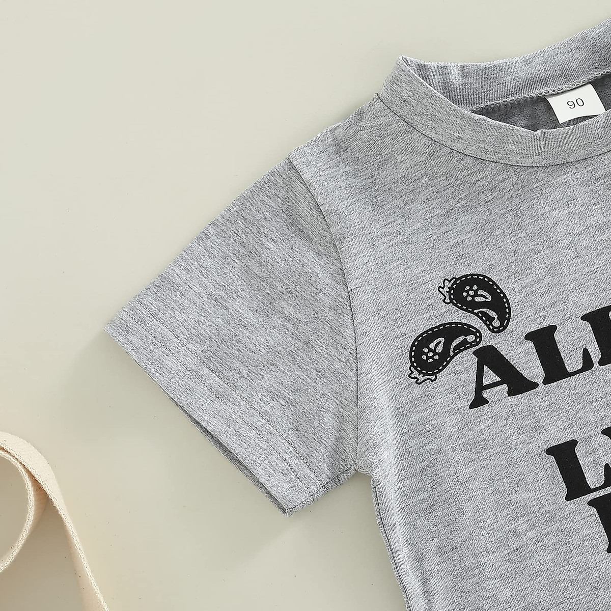 vchoohce 2Pcs Toddler Baby Girl Clothes Letter Print Short Sleeve T-shirt Top Bell-Bottom Pants Western Cowgirl Outfit Set (Ride Horse-Grey+Beige,2-3T)