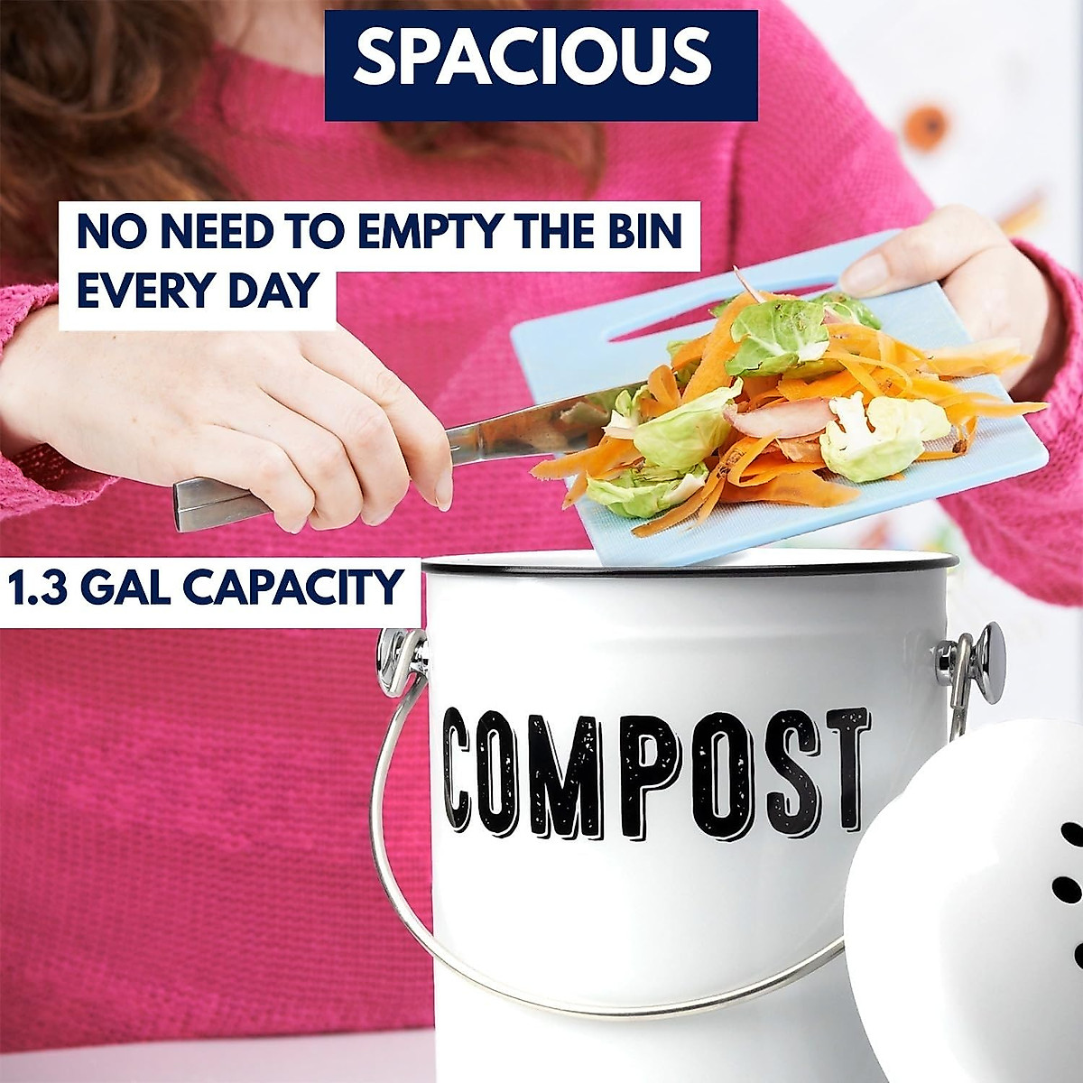 Granrosi Compost Bin Kitchen, Kitchen Compost Bin Countertop, Indoor Compost Bin, Countertop Compost Bin with Lid, 100% Rust Proof Compost Bucket w/ Non-Smell Charcoal Filters, 1.3 Gallon - White