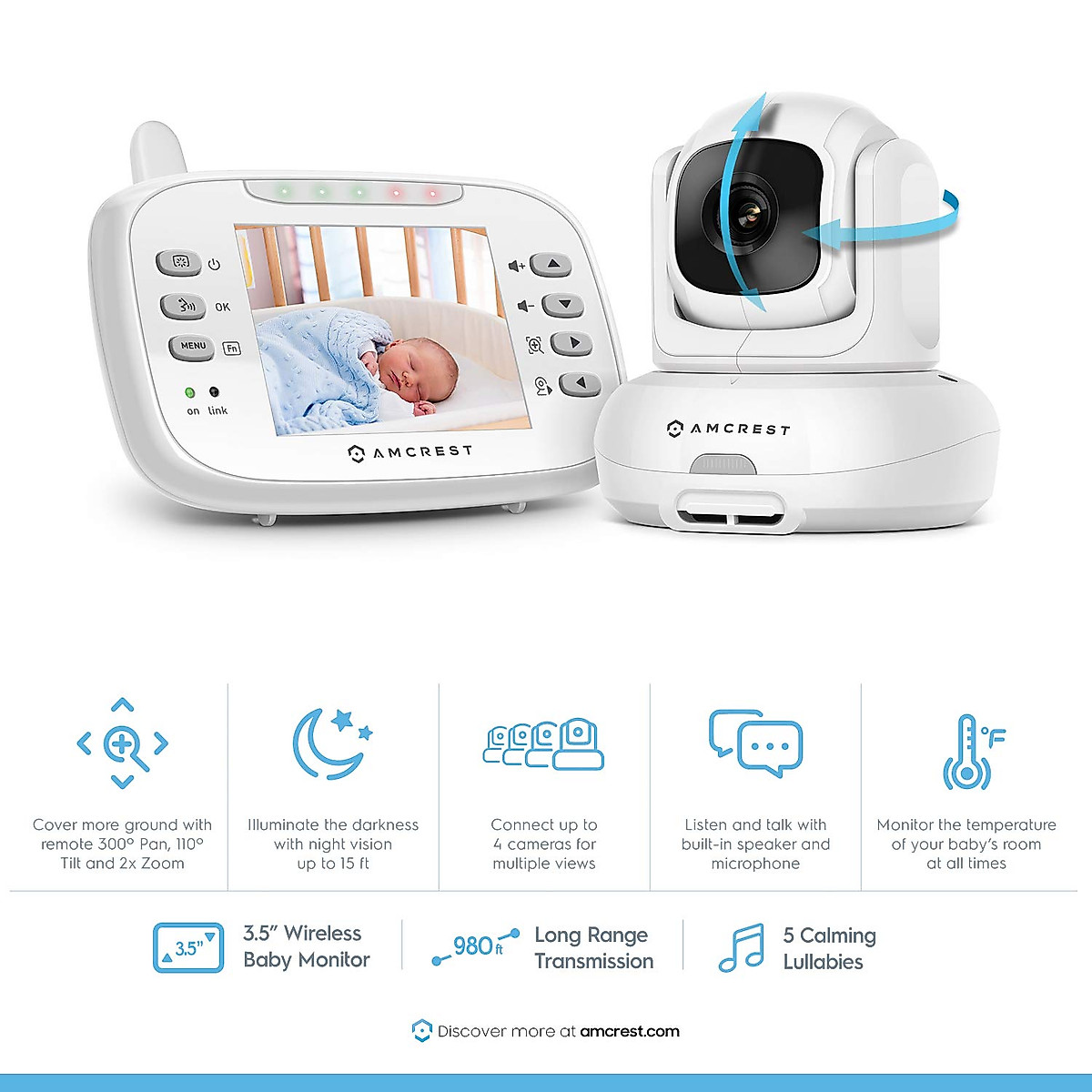 Amcrest AC-2 Video Baby Monitor with Camera and Audio, 3” LCD Display, Two-Way Audio, Temperature and Voice/Audio Alarm, VOX Mode, Pan/Tilt/Zoom Security Camera, Night Vision, 980ft Transmission Range