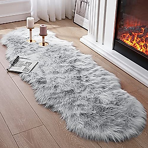 Faux Fur Rug for Bedroom, Gray Fluffy Rug Soft Sheepskin Runner Rug Sofa Couch Seat Cushion, 2x6ft Grey Plush Area Rug Shag Rugs Floor Carpets for Nursery Bedside, Cute Shaggy Fuzzy Home Decor