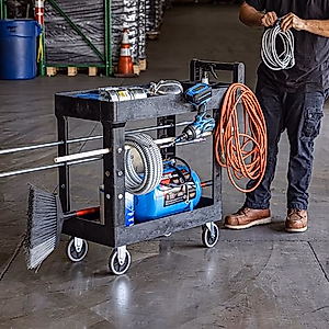 NEIKO 53051A Utility Cart, Heavy Duty 500 Pound Service cart with Wheels, 2 Deep Tray Shelf Rolling Tool Cart, Adjustable Handle Black Plastic Push Cart, Garage Mechanic Shop Cart, Non Marking Wheels